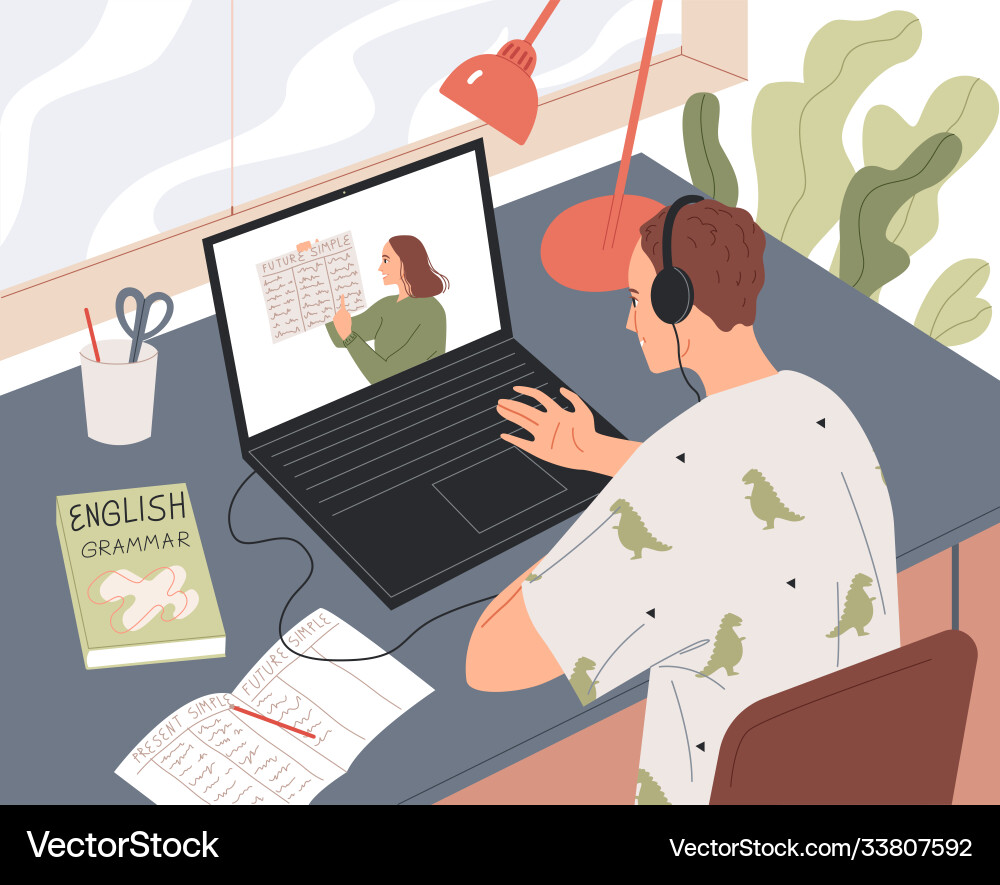 Student learns online watching lesson Royalty Free Vector