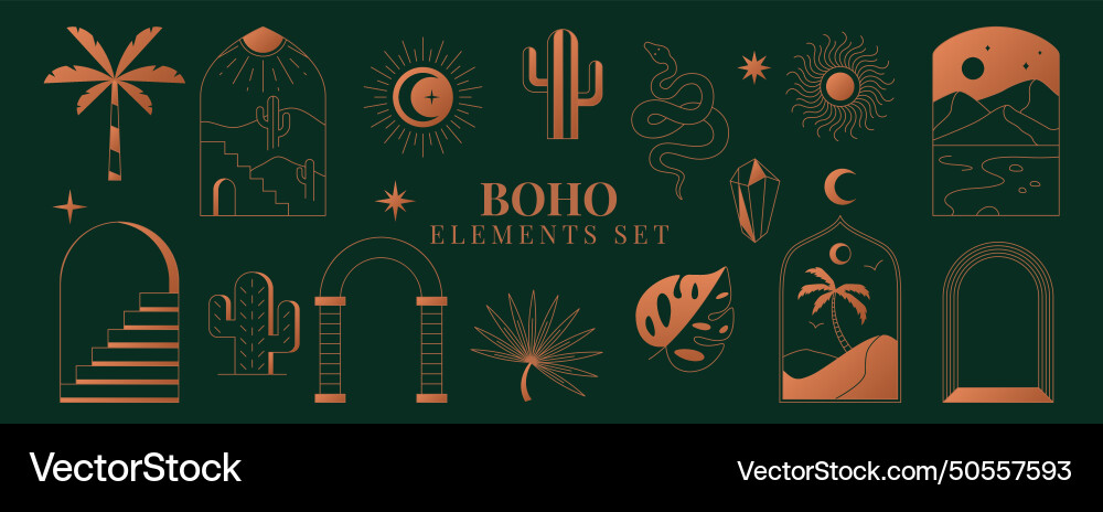 Boho logo line arch frames and symbols Royalty Free Vector