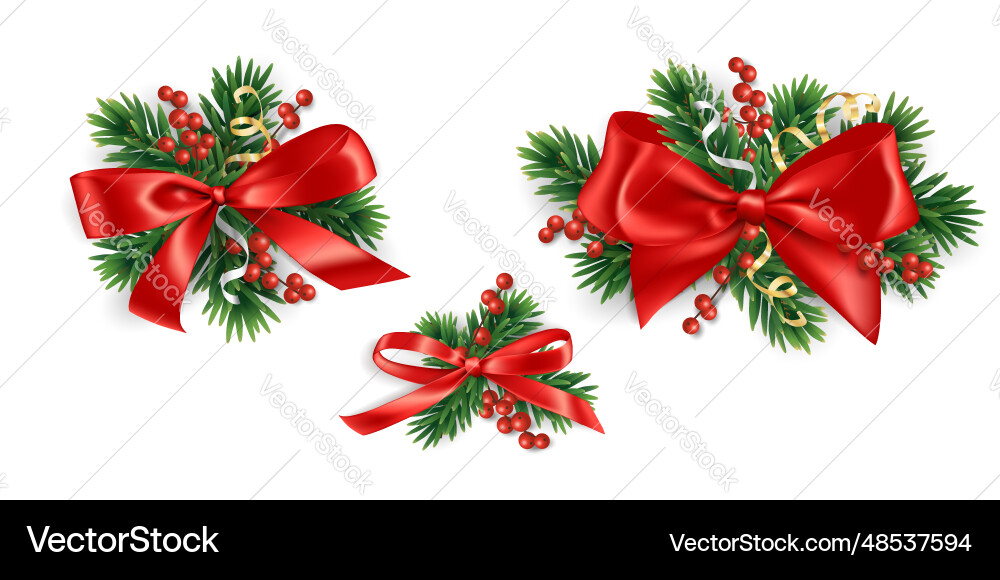 Christmas bow and tree border red ribbon Vector Image