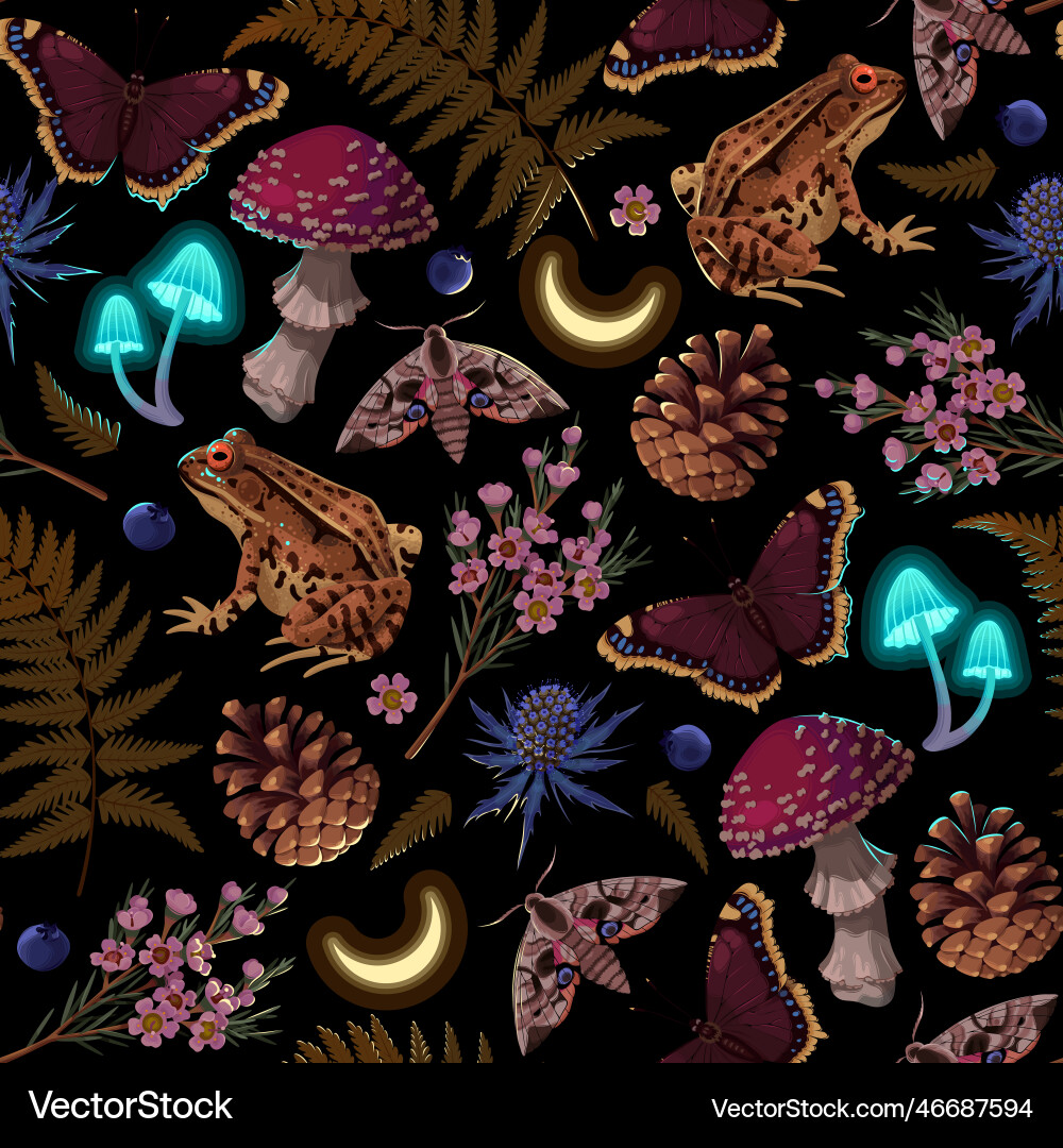 Magical forest flora and fauna pattern Royalty Free Vector