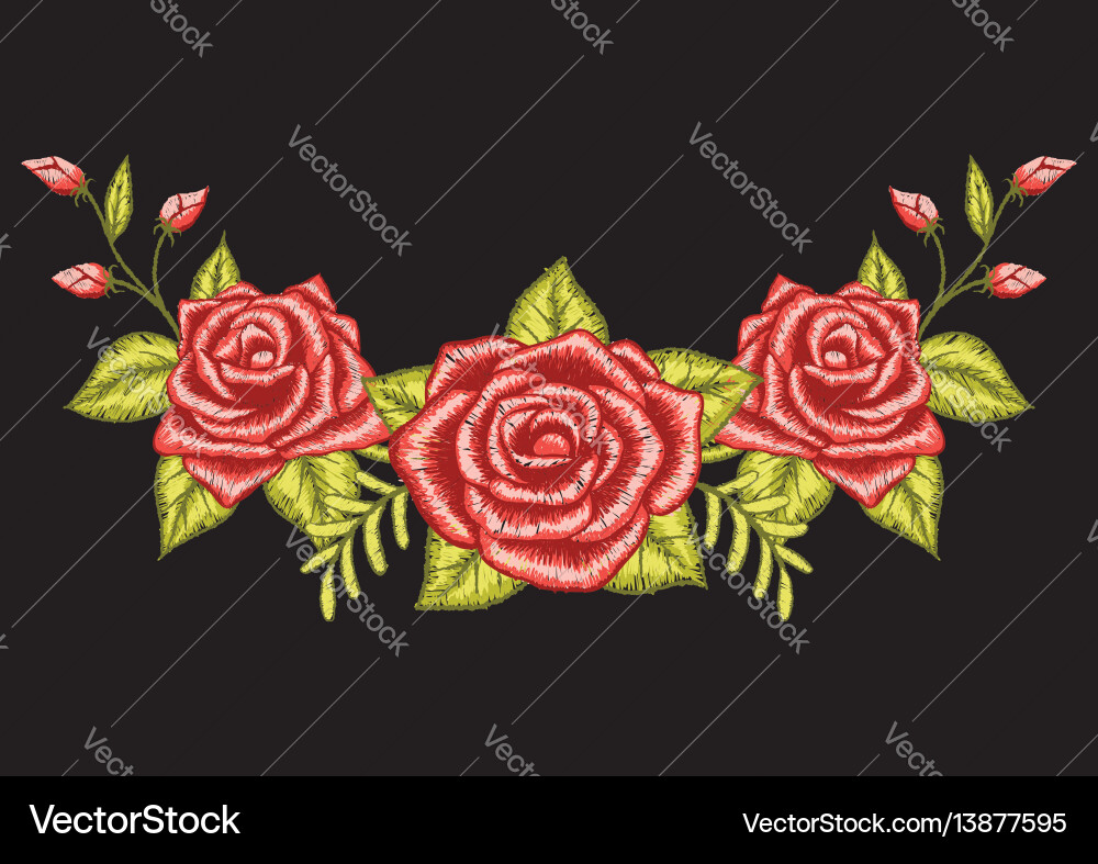 3 roses embroidery black background Royalty Free Vector