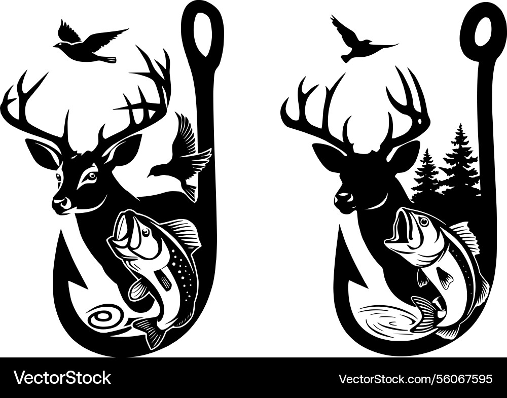 Deer fish tree scene on fishing hook Royalty Free Vector
