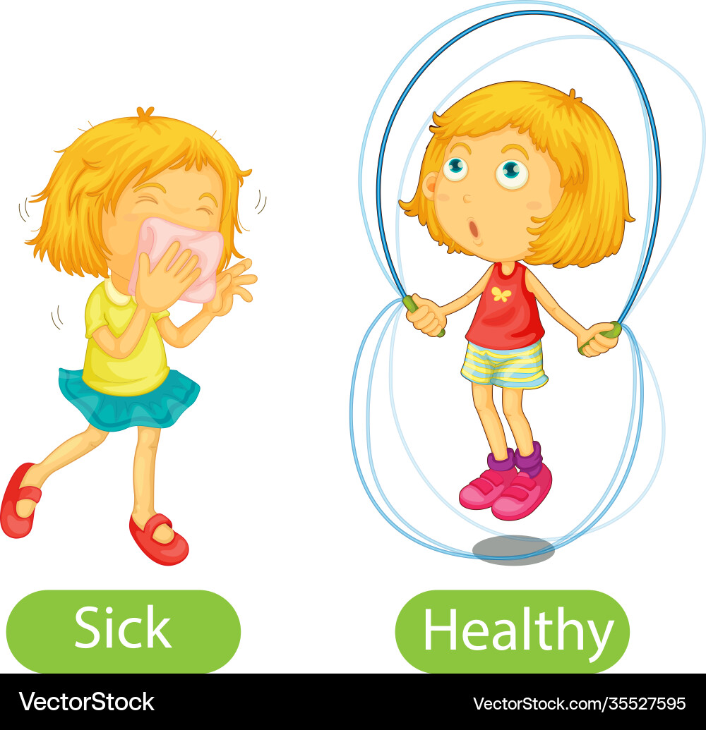 Opposite words with sick and healthy Royalty Free Vector