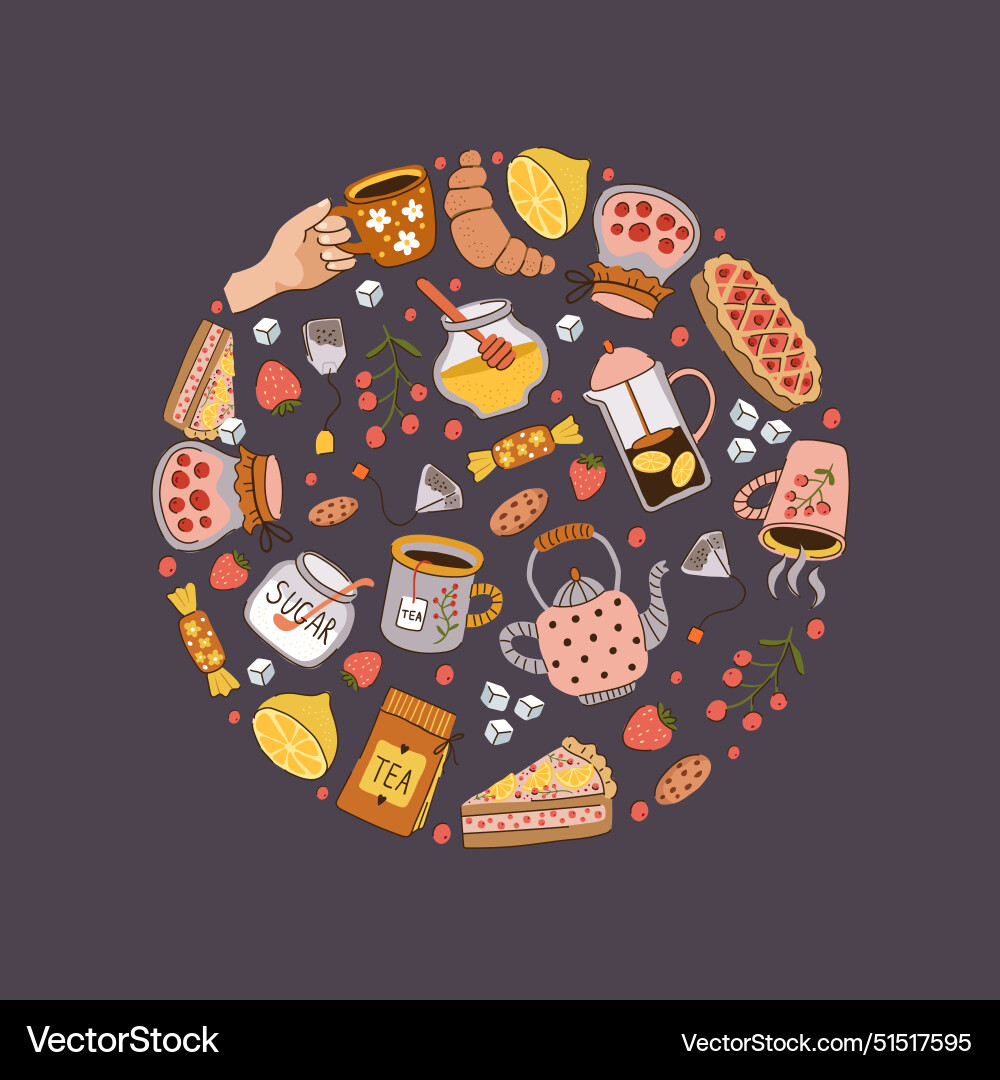 Tea circle round shape with cups lemon sugar Vector Image