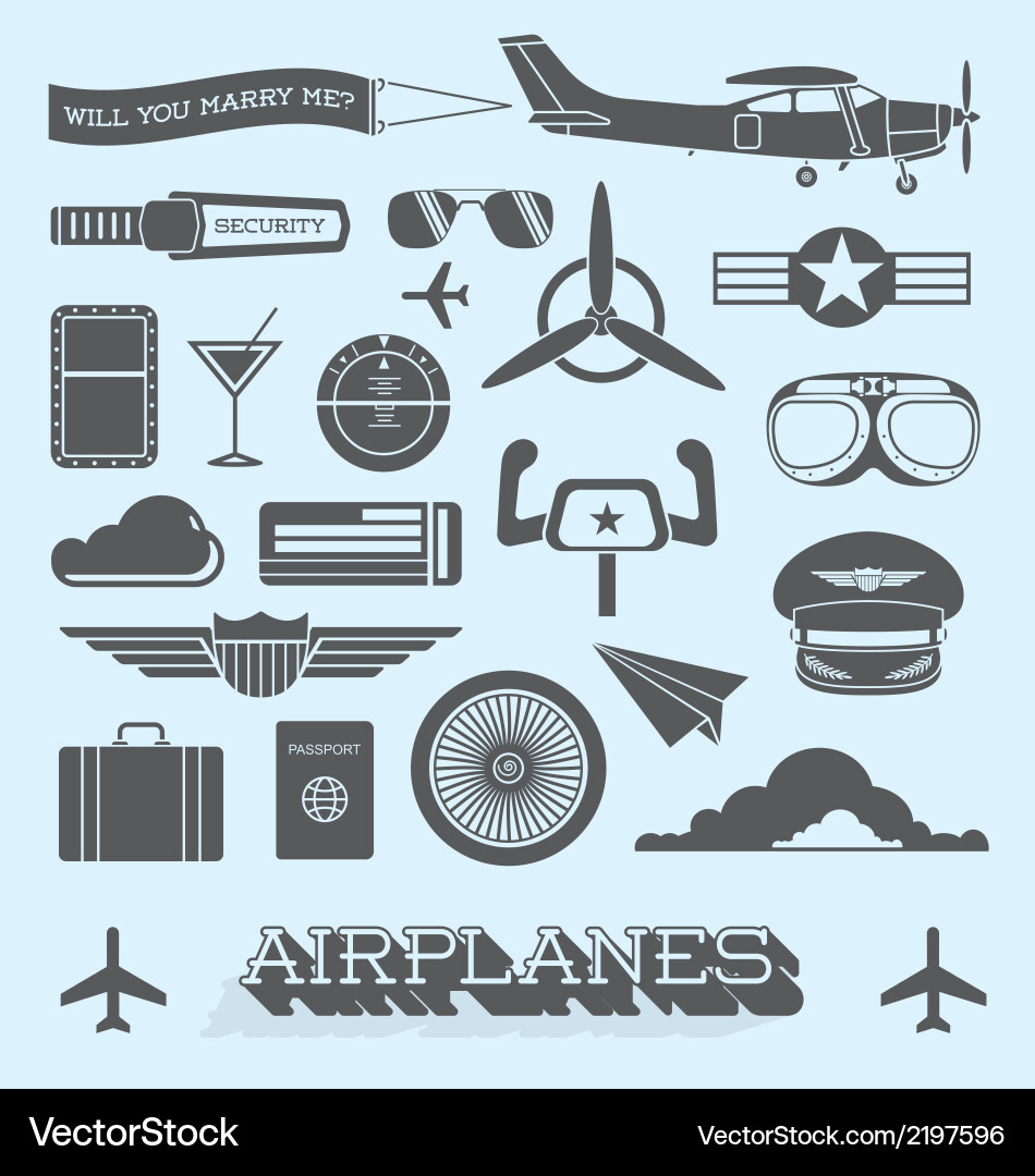 Airplanes and flight icons objects Royalty Free Vector Image