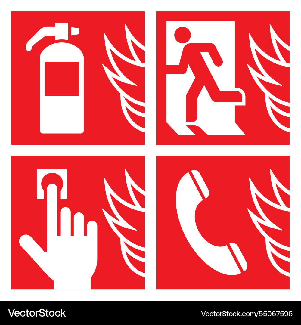 Fire action sign set alarm evacuation Royalty Free Vector