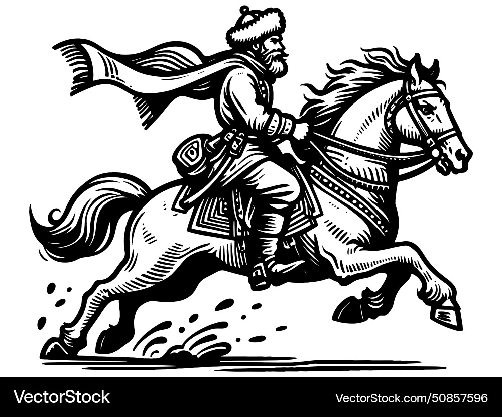 Military cossack on a horse terrifying man Vector Image