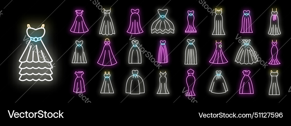 Wedding dress icons set neon Royalty Free Vector Image