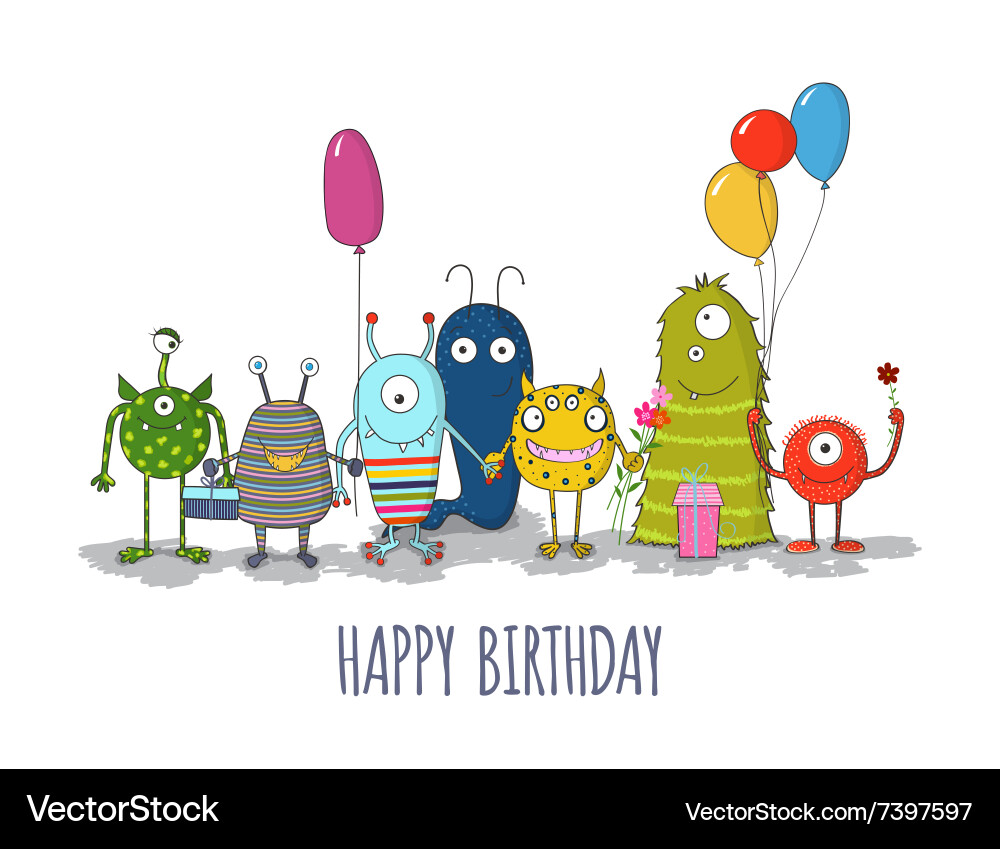 Cute colorful monsters happy birthday card eps10 Vector Image
