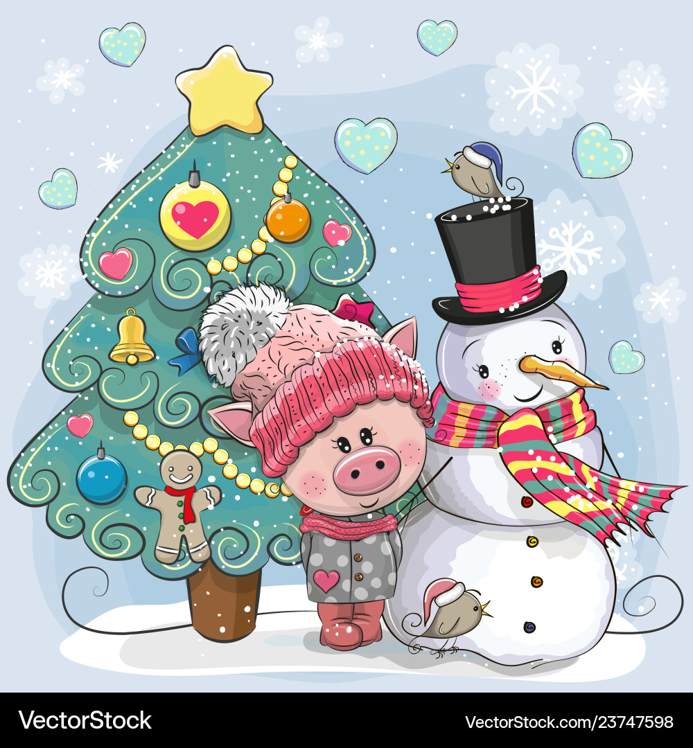 Cute pig in a knitted cap and snowman Royalty Free Vector
