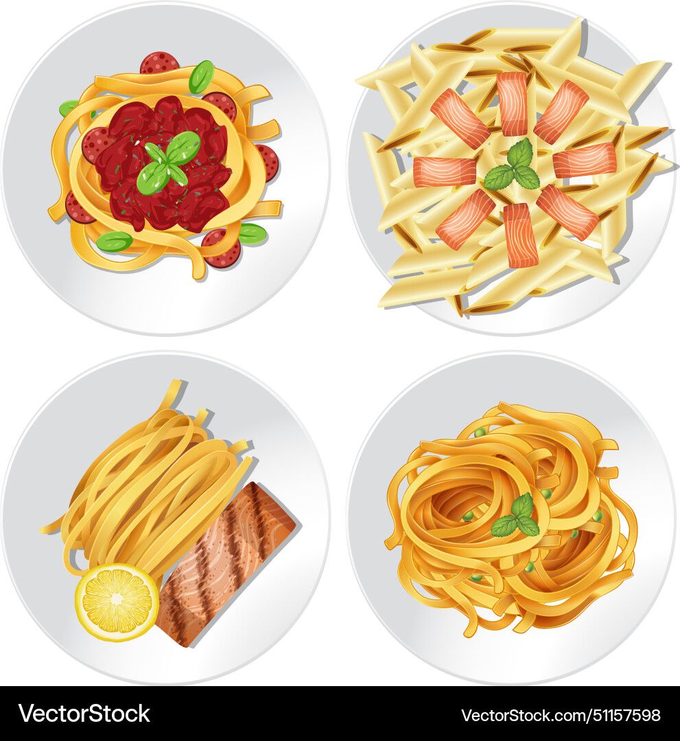 Four different pasta dishes in circles Royalty Free Vector