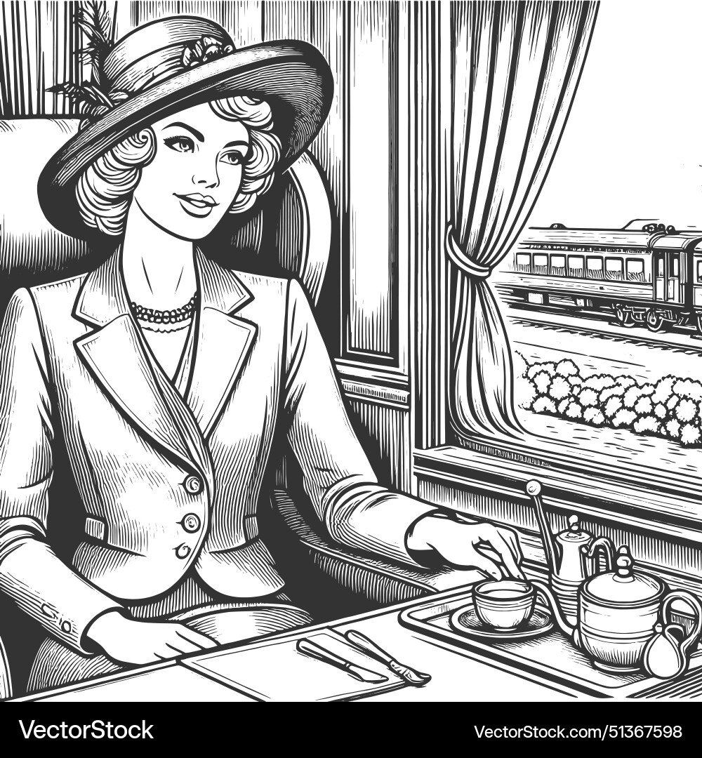 Woman enjoying tea on train Royalty Free Vector Image