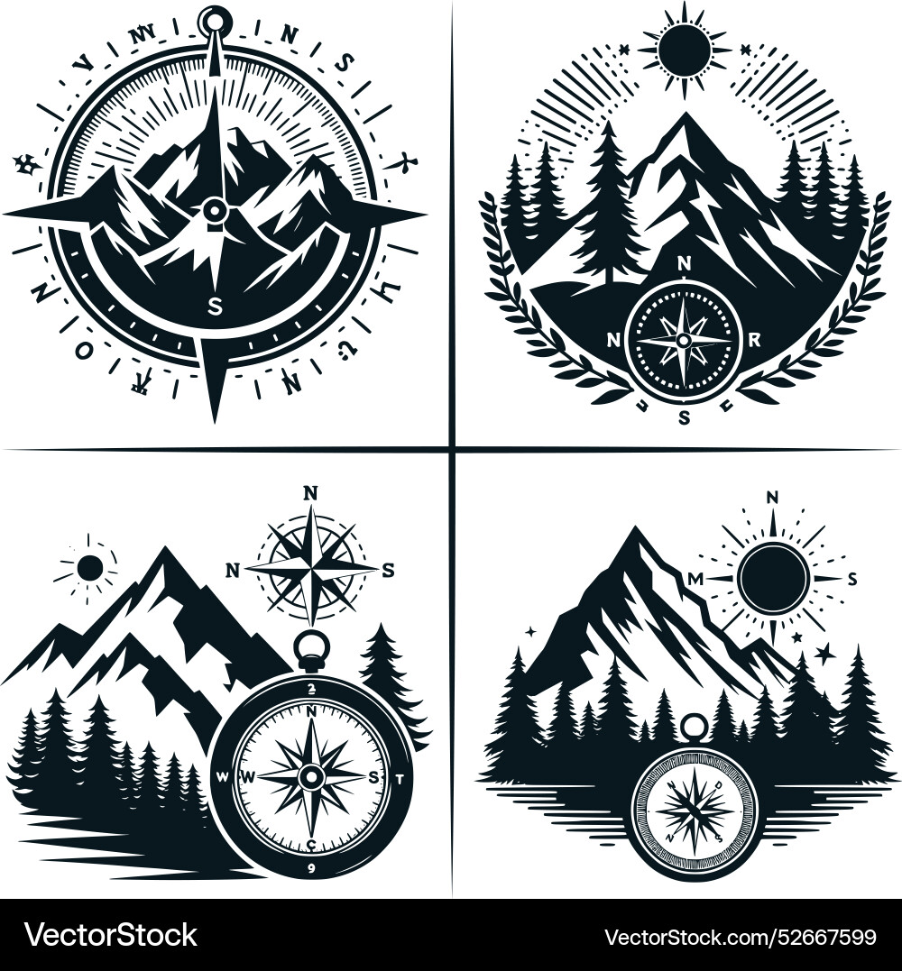 Compass with mountain scene silhouette file Vector Image