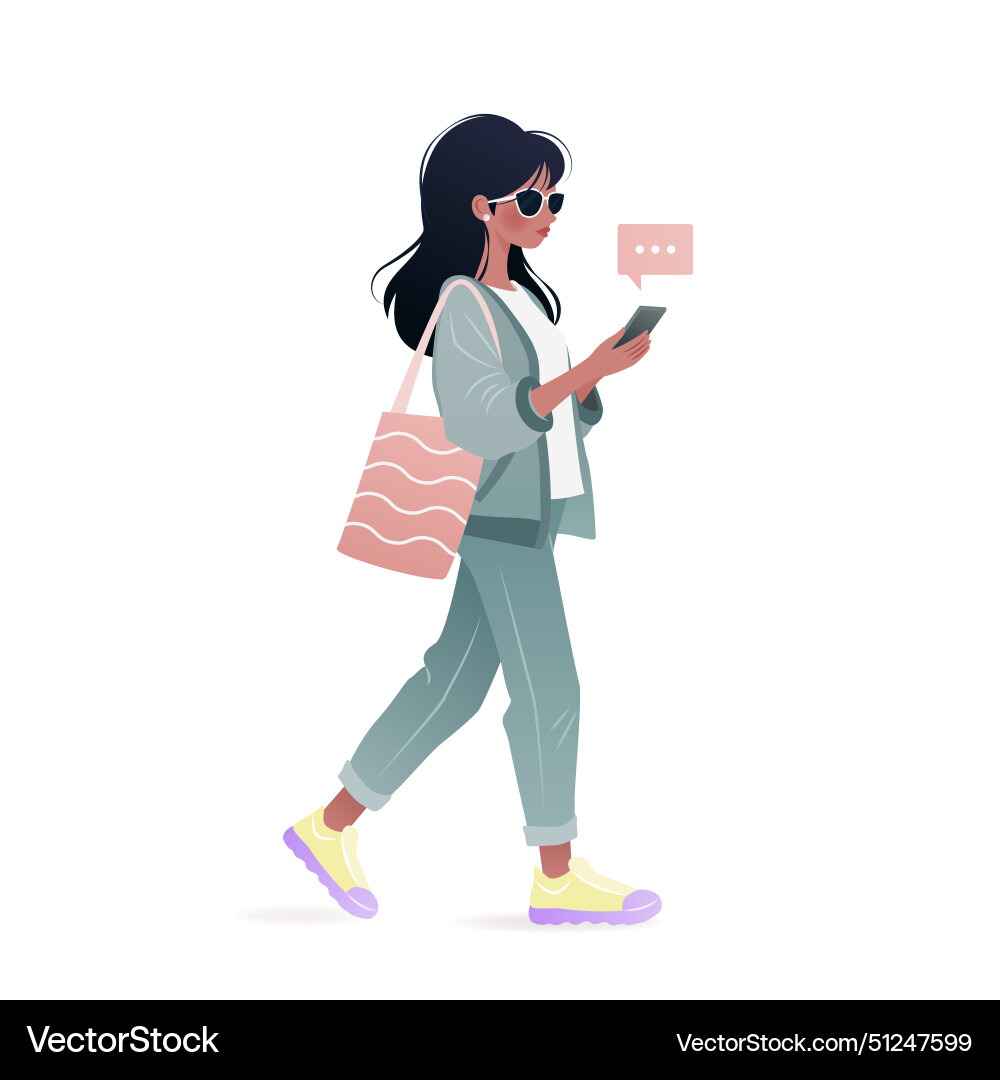 Young woman walking and using her smartphone Vector Image