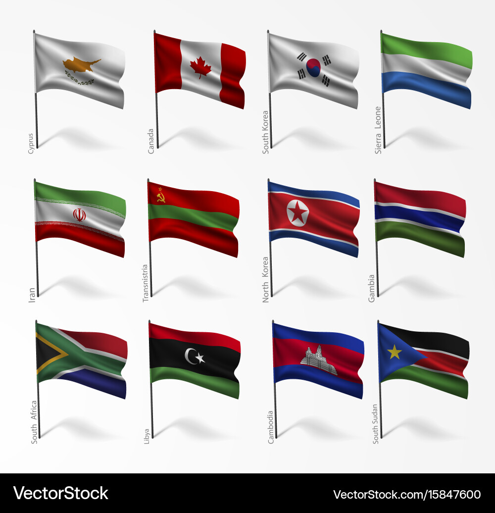 Collection of flags world on flagpole Royalty Free Vector