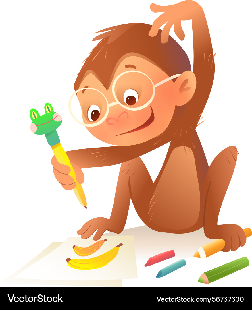 Cute monkey pencil drawing coloring with crayons Vector Image