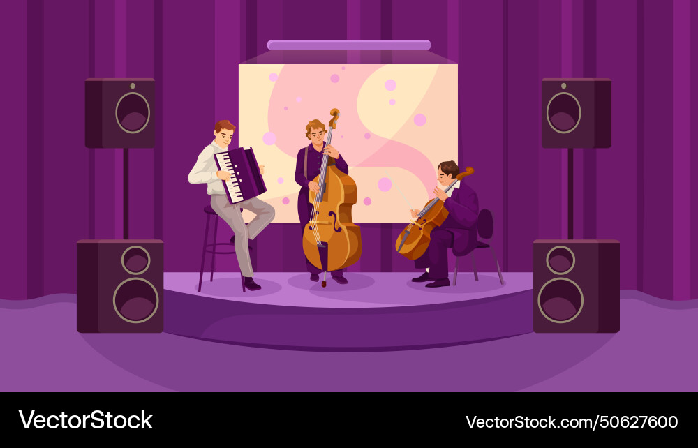 Three musicians playing instruments on stage Vector Image