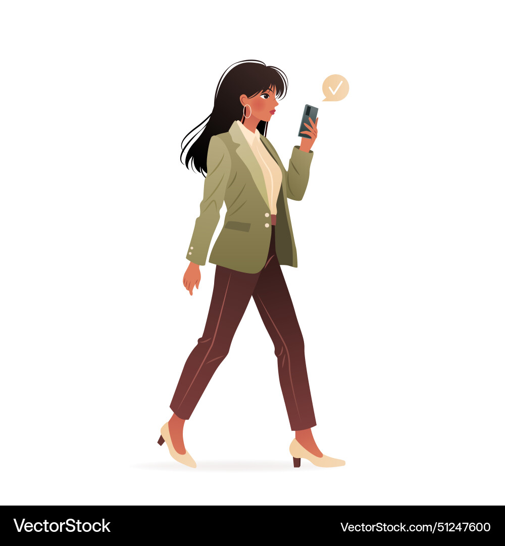 Young woman walking and using her smartphone Vector Image