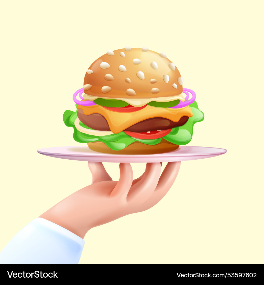 3d burger in hands hamburger on tray waiter hand Vector Image