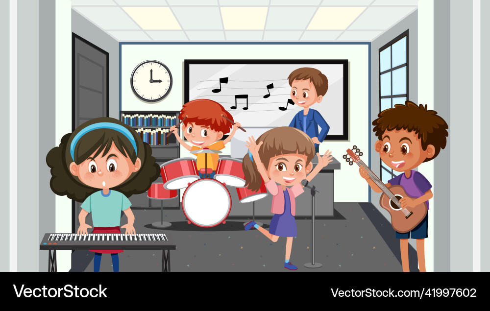 School music classroom with student kids Vector Image