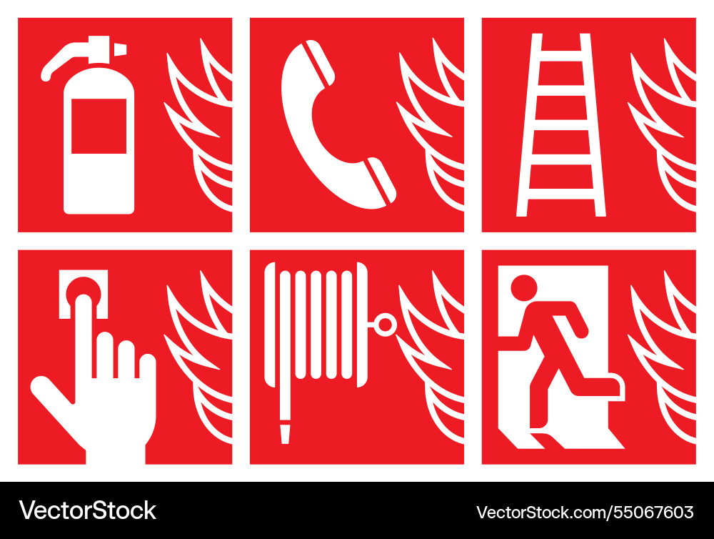 Fire action sign set safety warning fire Vector Image