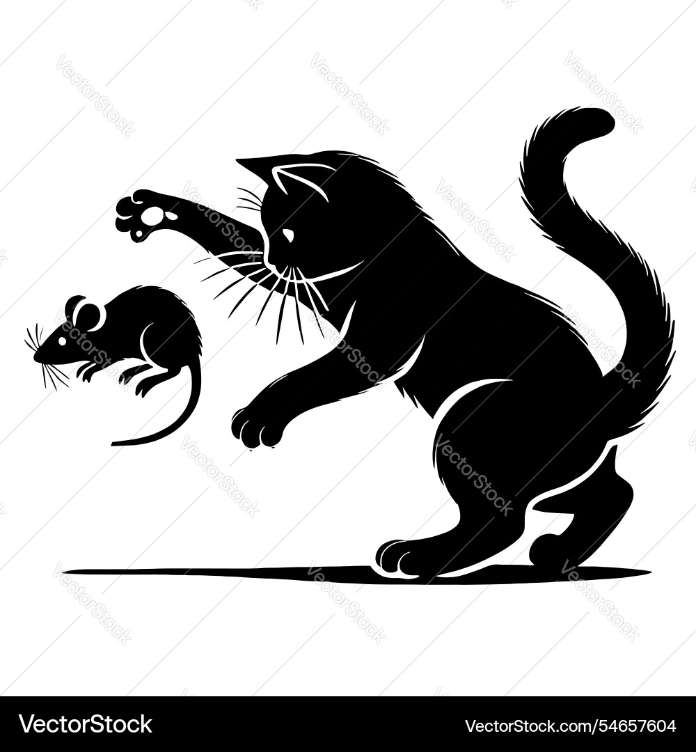 Cat hunting mouse black silhouette Royalty Free Vector Image