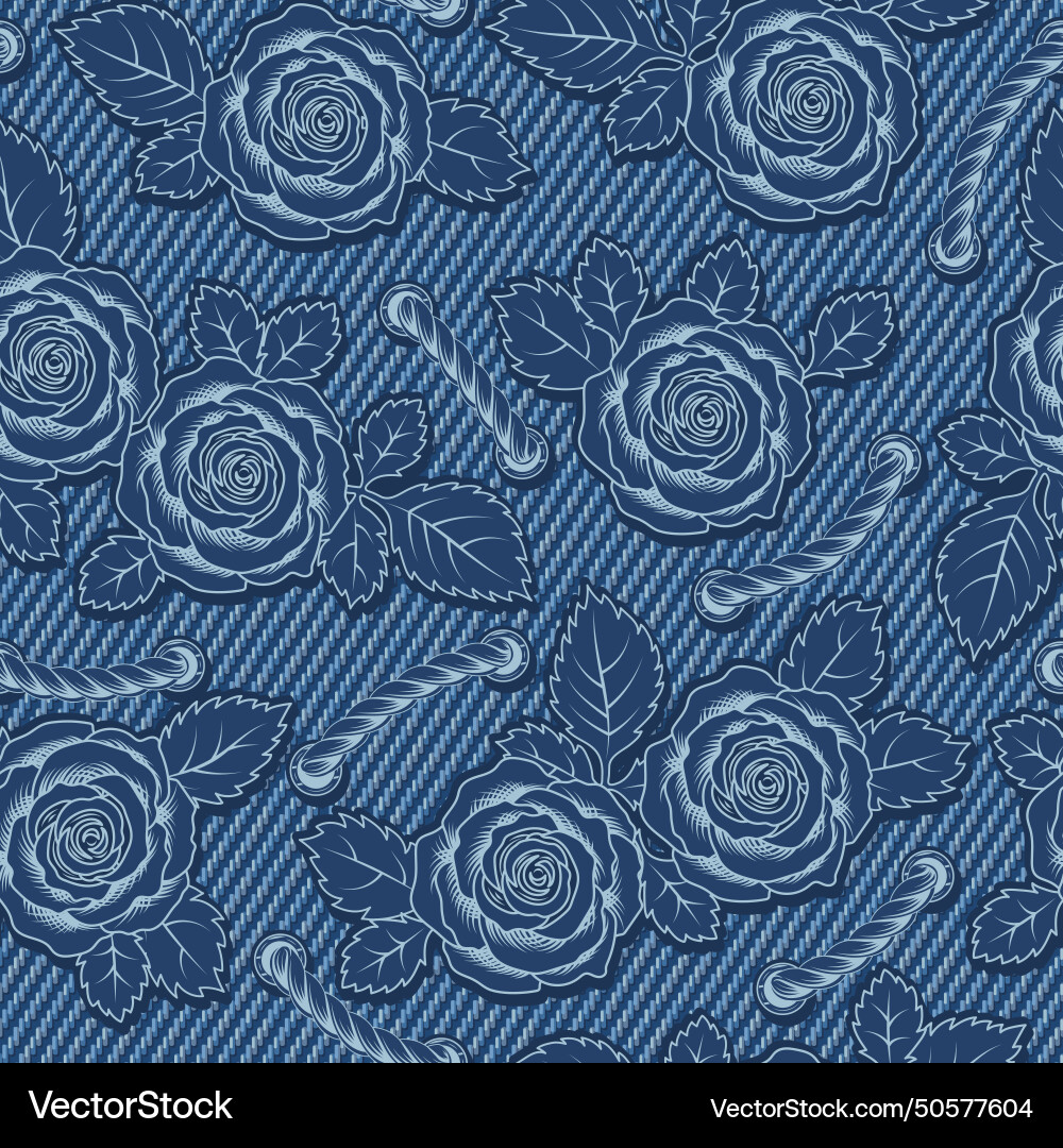 Denim seamless pattern with roses rope lacing Vector Image