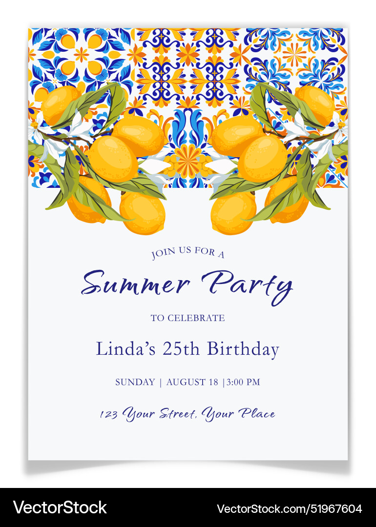 Mediterranean summer birthday party invitation Vector Image
