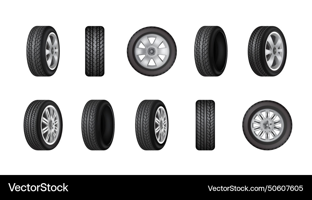 Tires realistic monochrome set Royalty Free Vector Image
