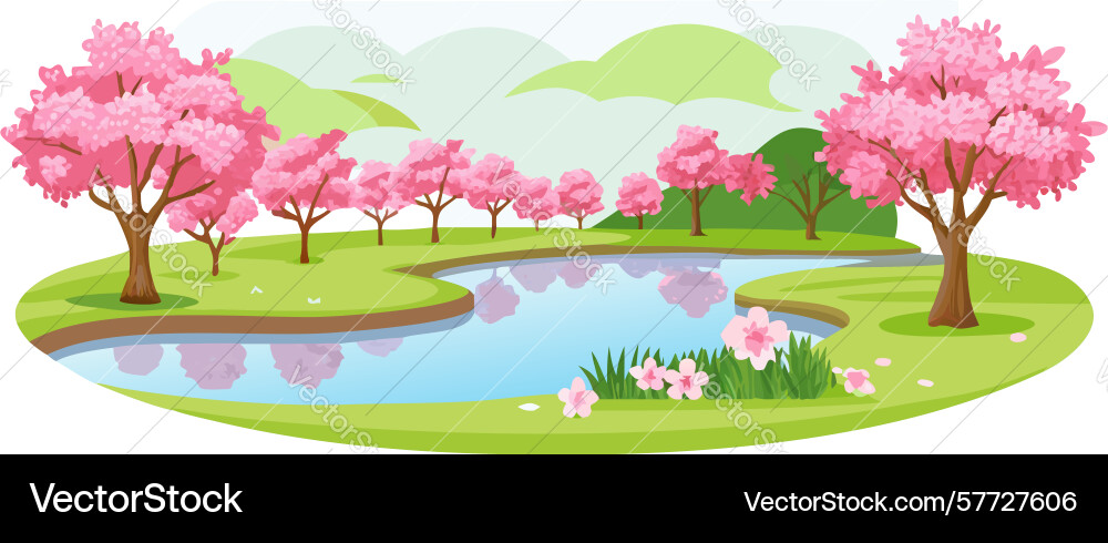 Cherry blossom trees by pond idyllic spring – Royalty-Free Vector ...