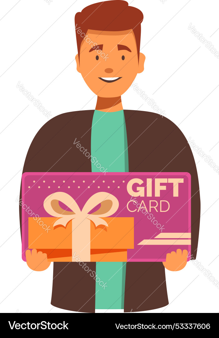 Smiling young man holding a big gift card Vector Image