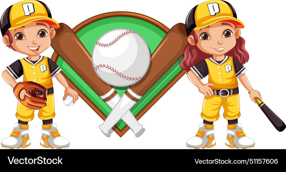 Two young cartoon baseball players with equipment Vector Image