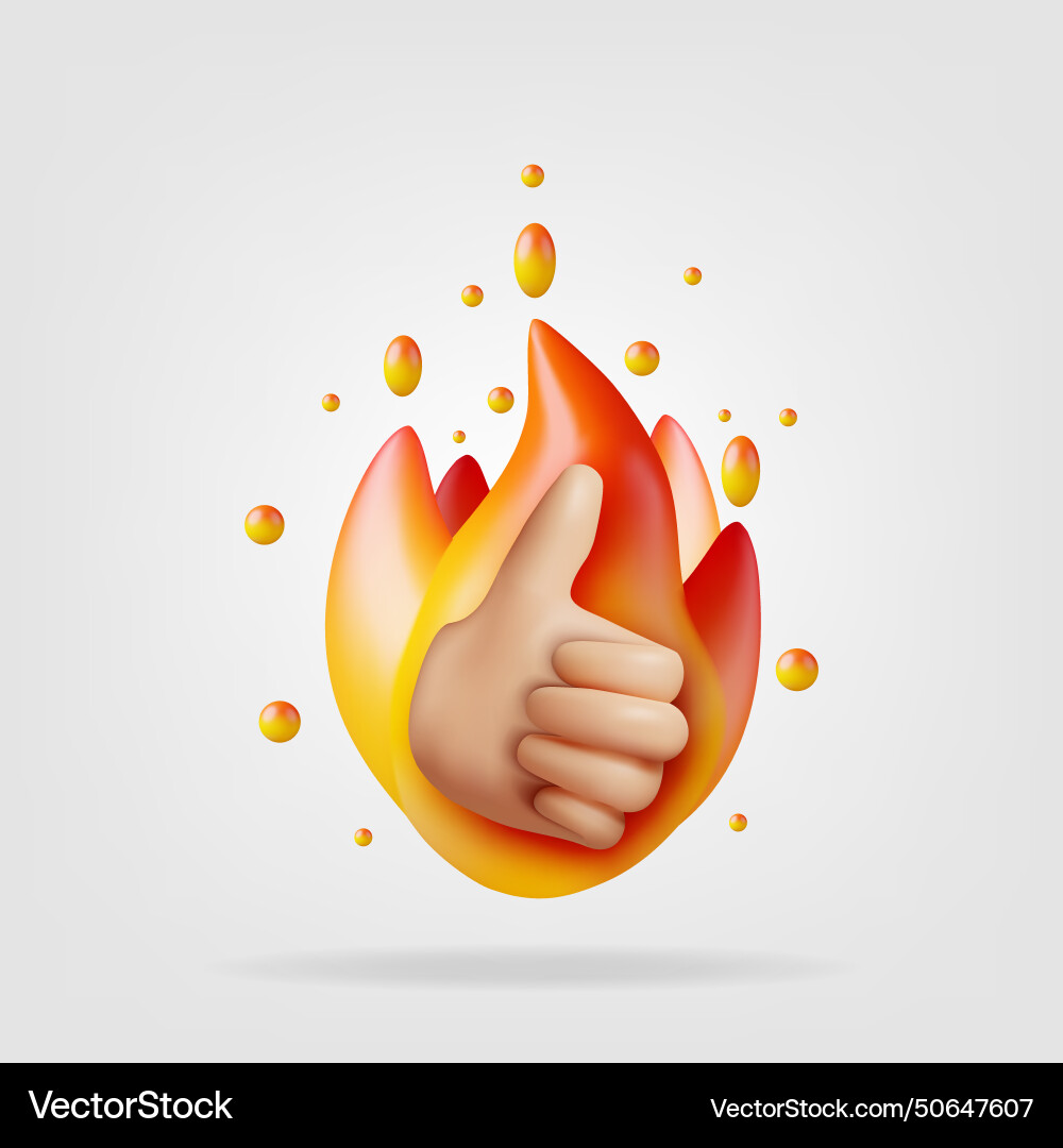 3d thumbs up hand gesture in fire isolate Vector Image