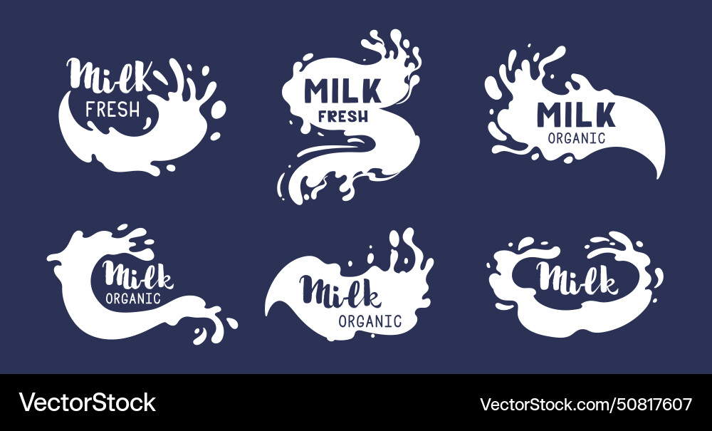 Dairy product splash labels cartoon milky Vector Image