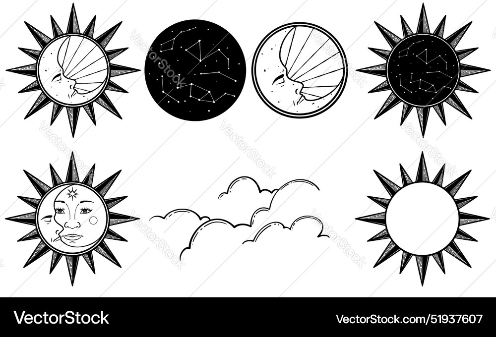 Set of sun moon stars clouds constellations Vector Image