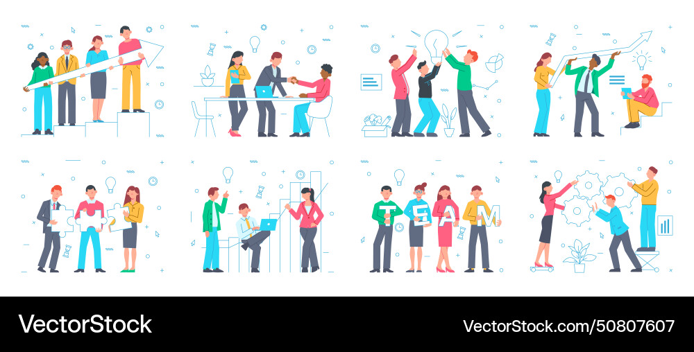 Teamwork set with isolated compositions Royalty Free Vector