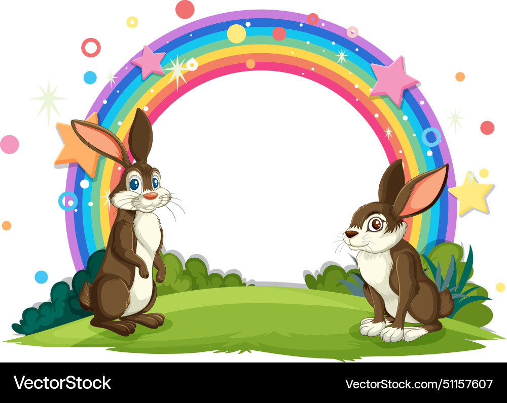 Two cute rabbits under a colorful rainbow Vector Image