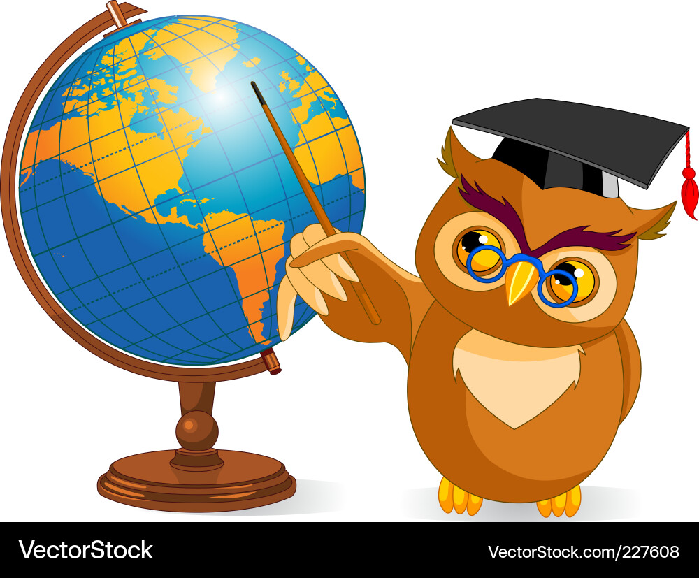 Cartoon wise owl with world globe Royalty Free Vector Image