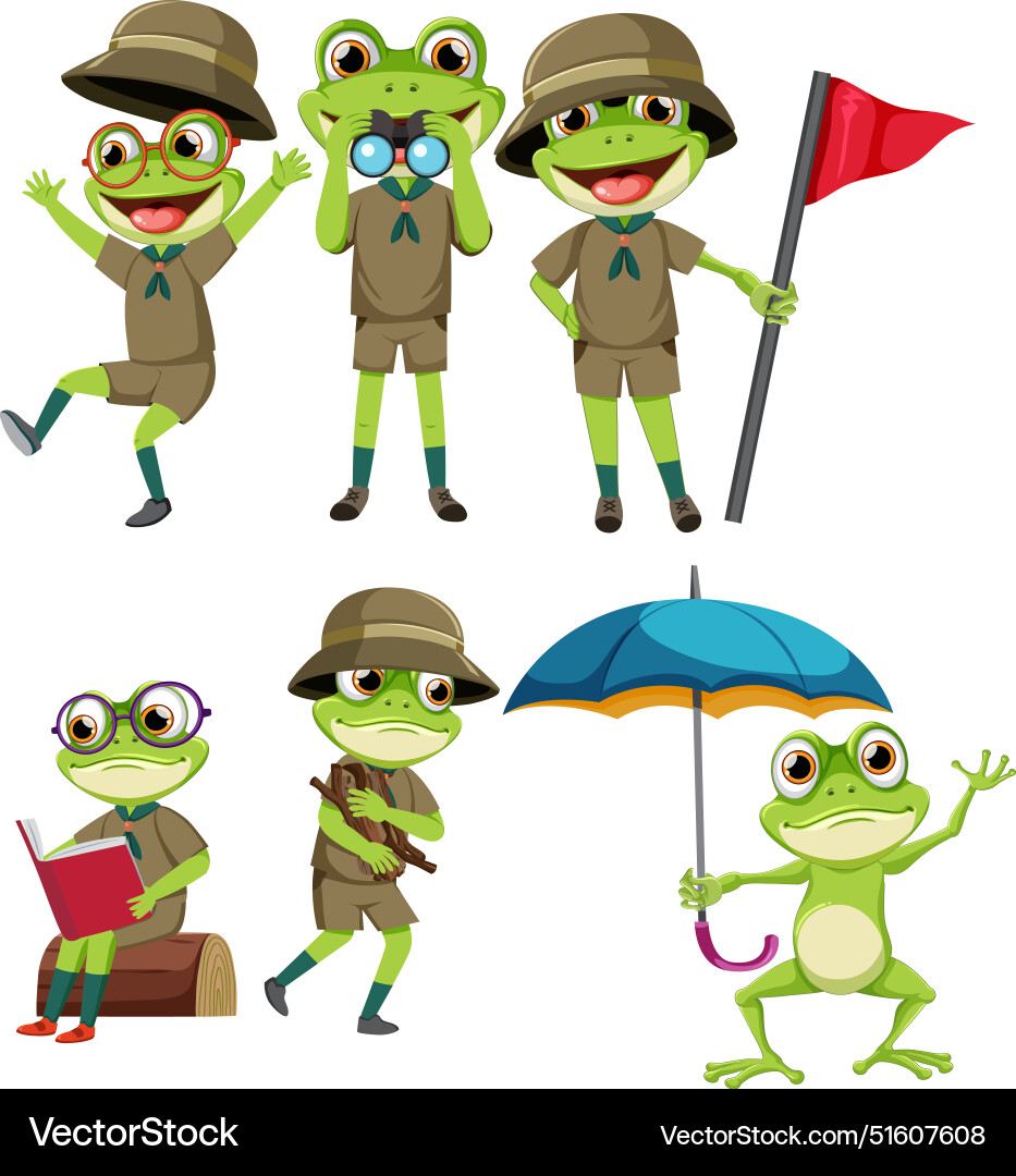Frogs in various scout activities and poses Vector Image