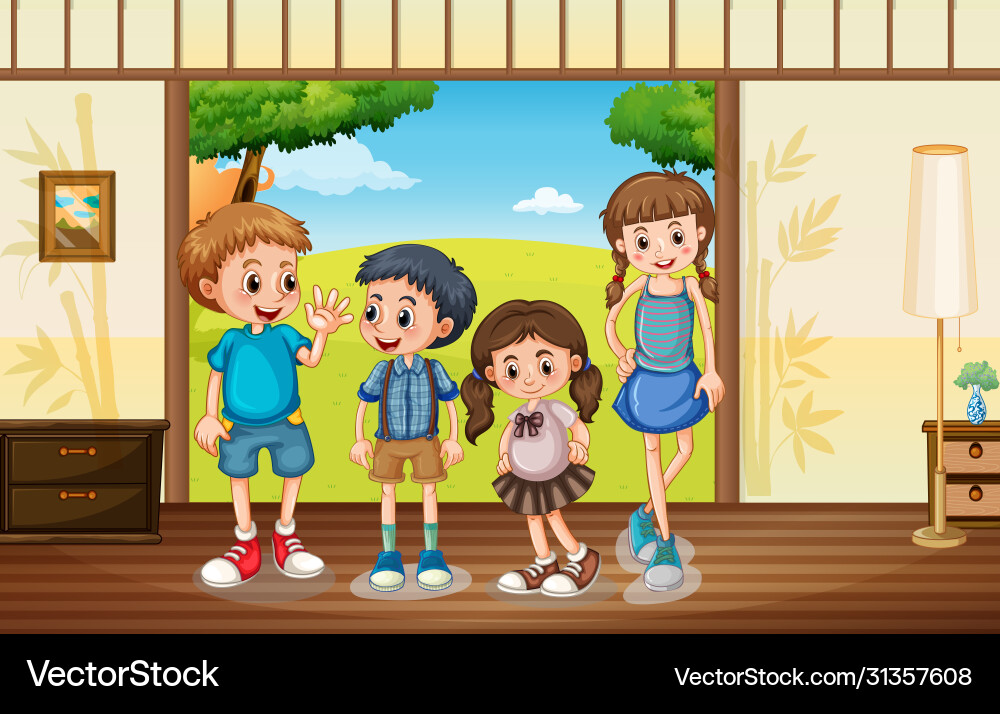 Group young kids at home Royalty Free Vector Image