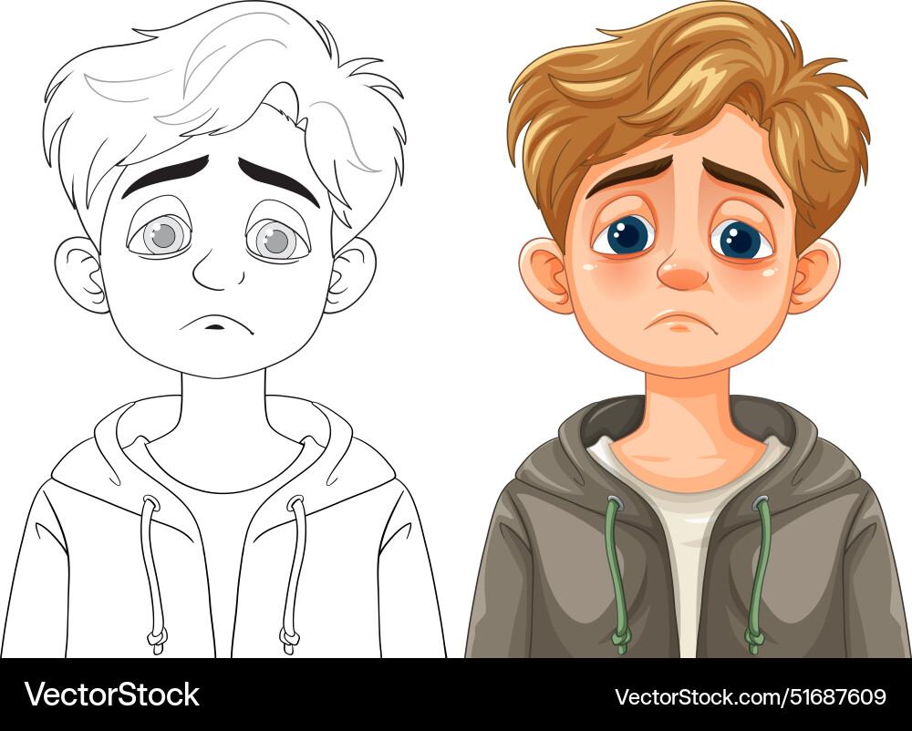 A sad boy in color and outline Royalty Free Vector Image