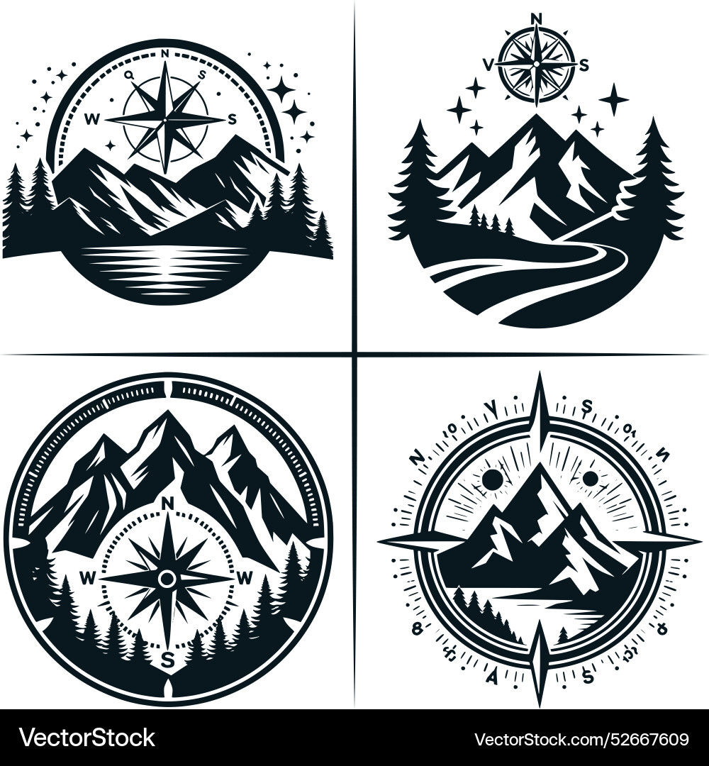 Compass with mountain scene silhouette file Vector Image