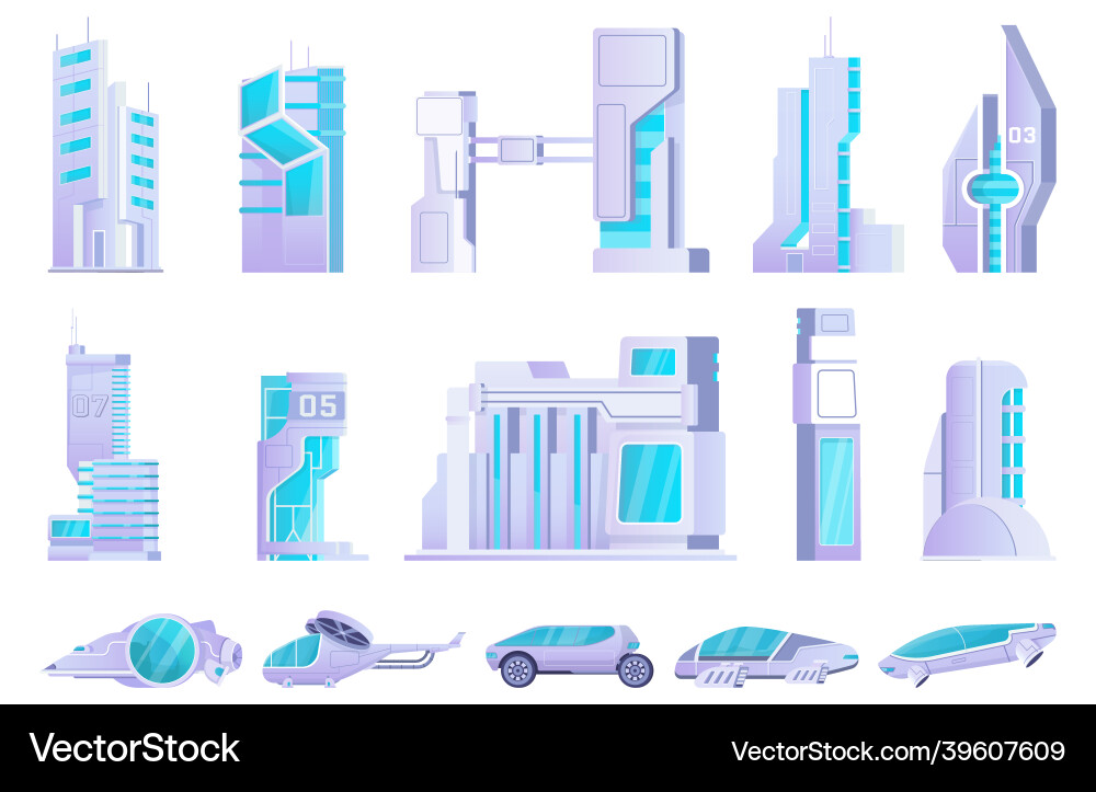 Cyberpunk city icon set Royalty Free Vector Image
