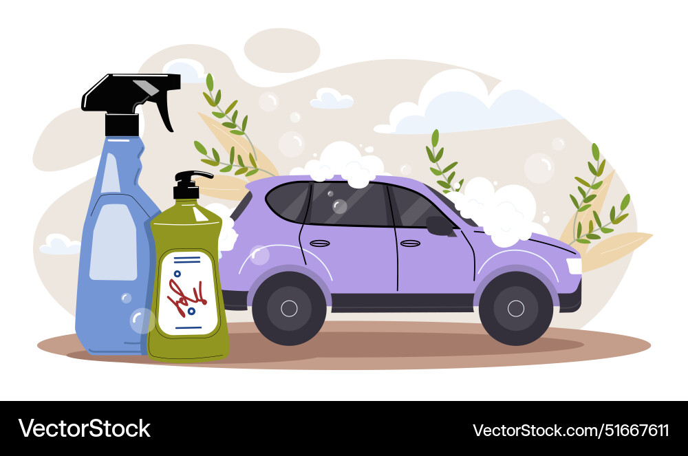 Car wash concept detergents near violet Royalty Free Vector