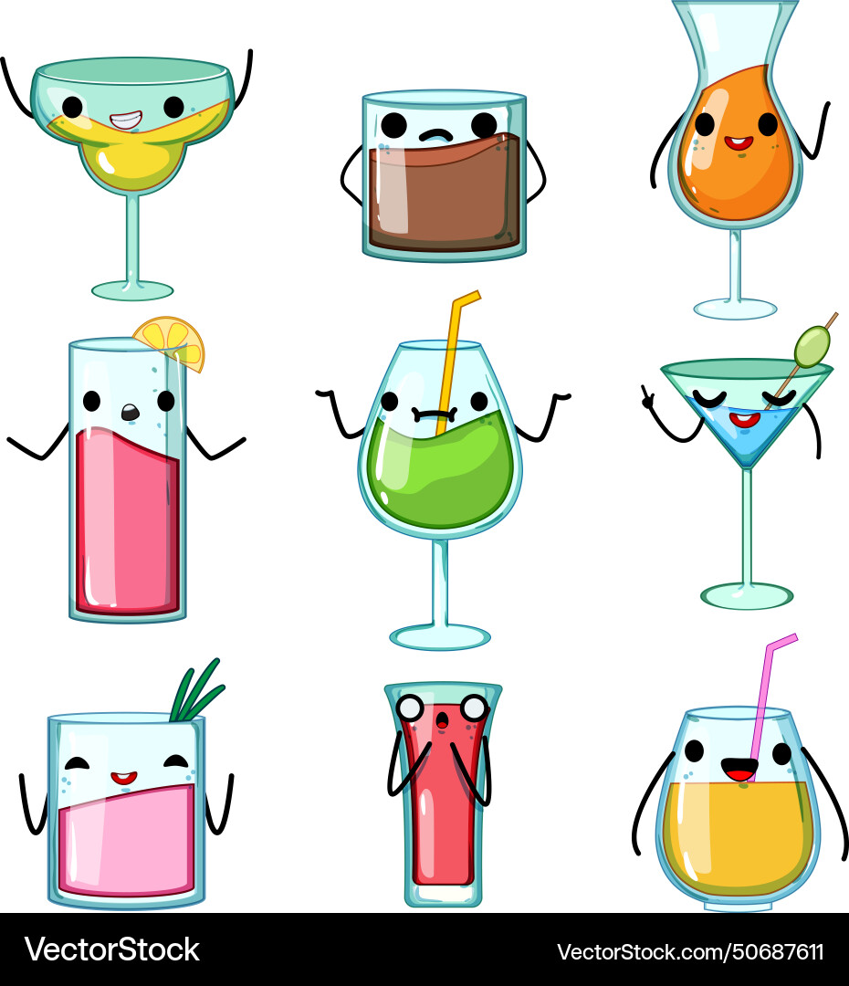 Cocktail character set cartoon Royalty Free Vector Image