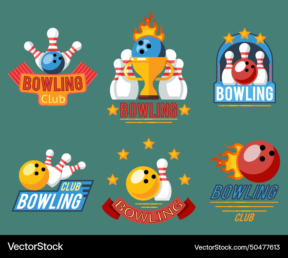 Bowling emblems and kegling game labels flat Vector Image