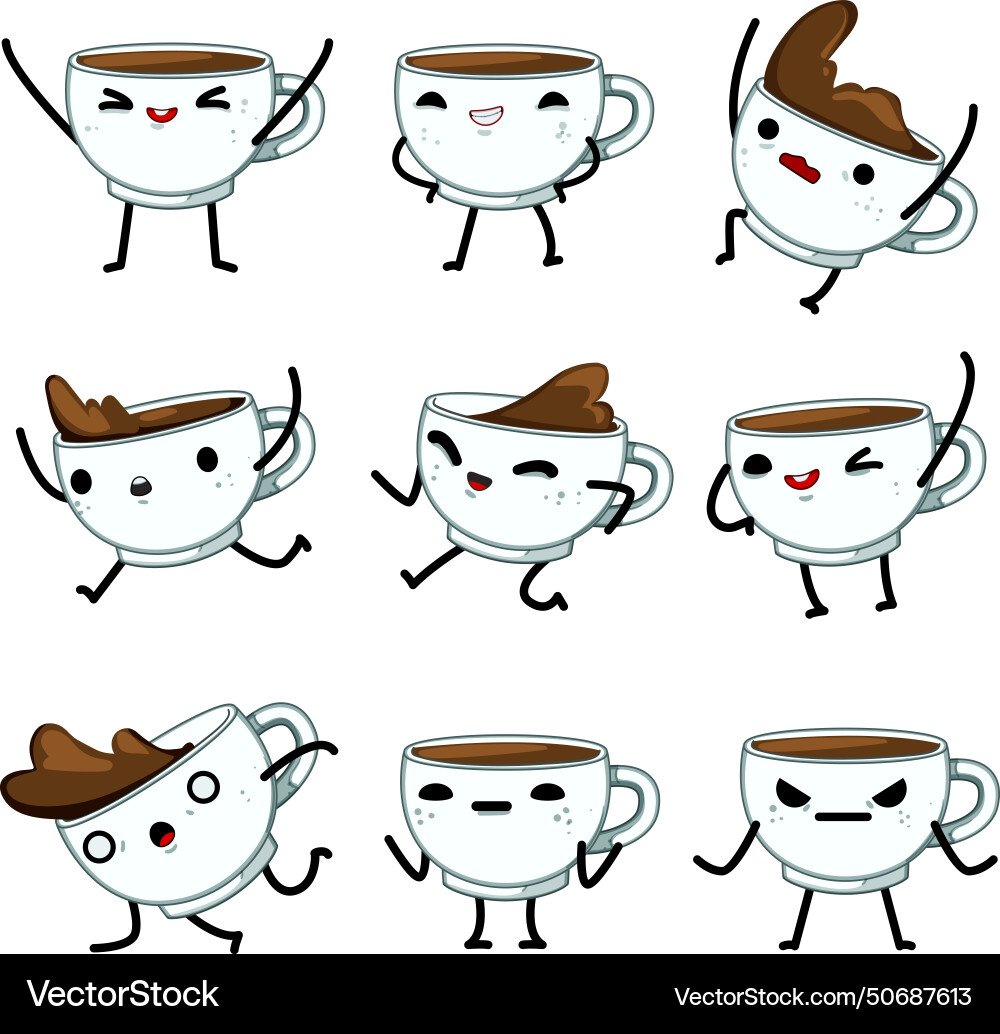 Coffee mug character set cartoon Royalty Free Vector Image
