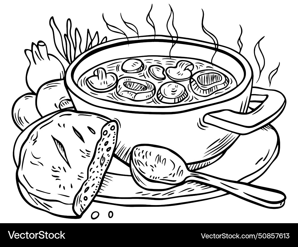 Recipe bowl spiced soup hand drawn engraving Vector Image