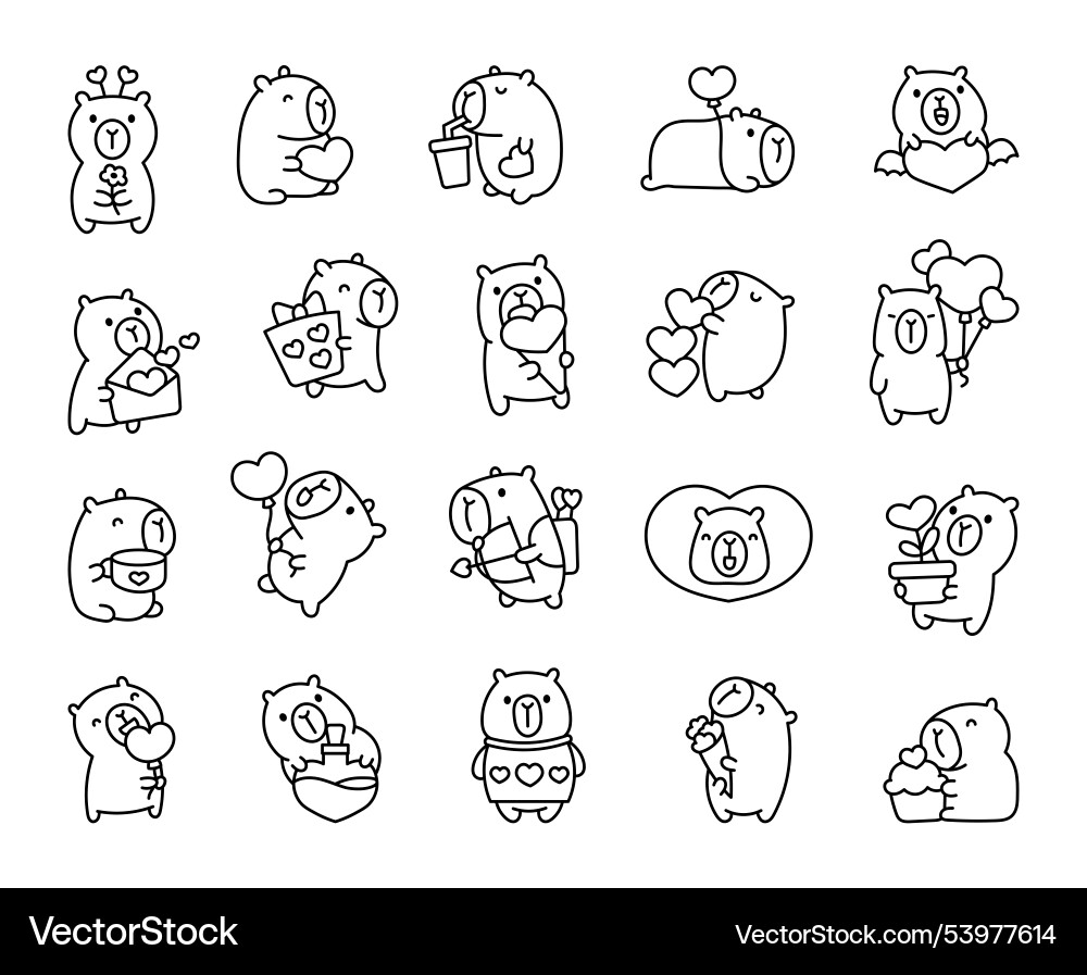 Cute capybara with hearts coloring page Royalty Free Vector