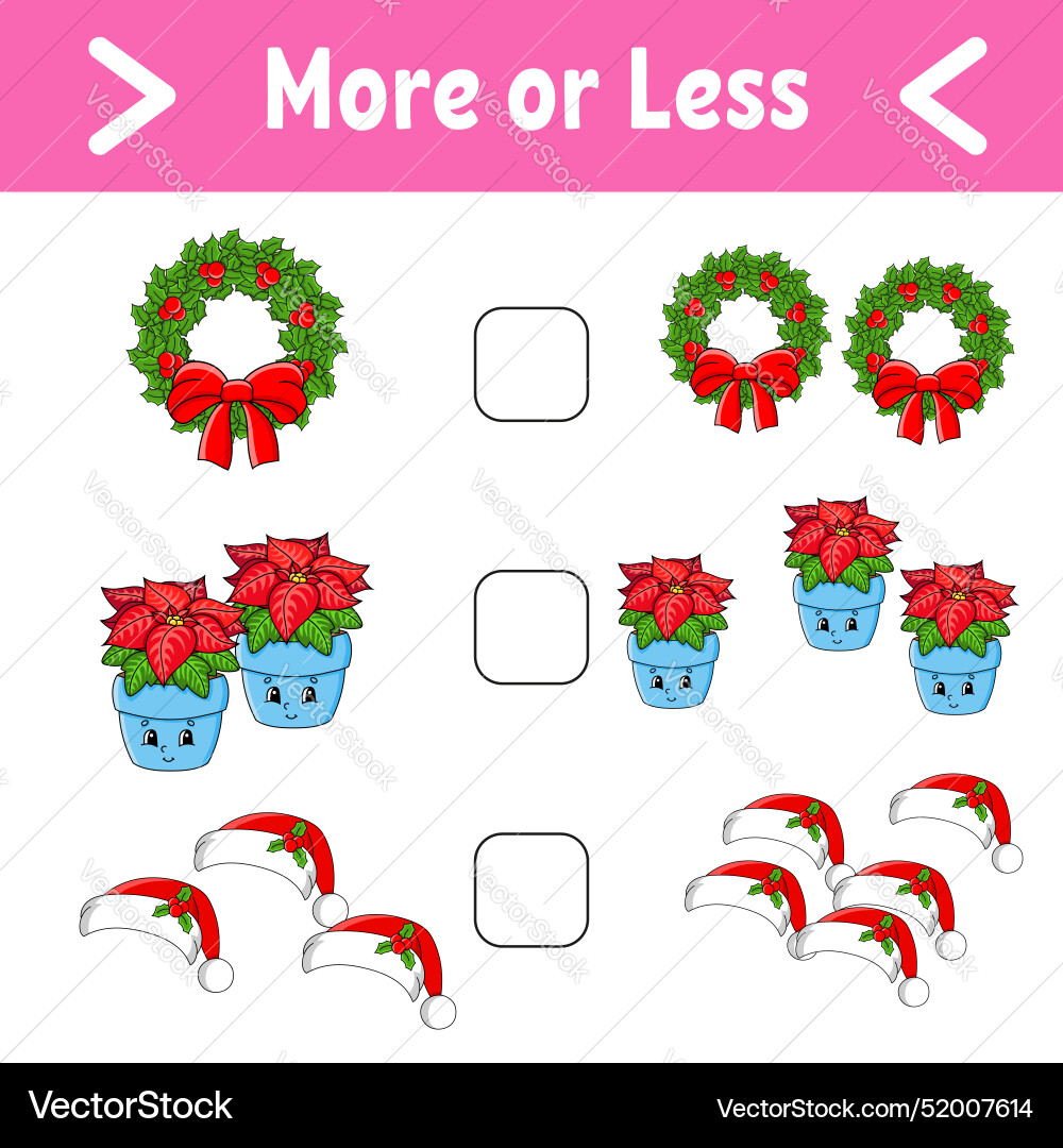 More or less educational activity worksheet Vector Image